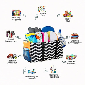 Lucazzi Extra Large Utility Tote Bag - Oversized Collapsible Reusable Wire Frame Rectangular Canvas Basket With Two Exterior Pockets For Beach, Pool, Laundry, Car Trunk, Storage - Chevron Black