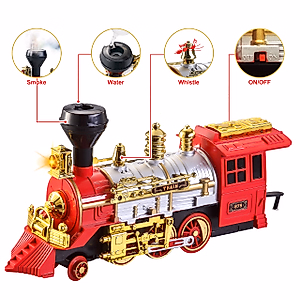 Christmas Train Sets Gift with Lights & Sounds Steam Locomotive Engine, Operated Electric Classical Train Toy with Real Smoke Cargo Cars & Tracks for Over 3 Years Old Boys Girls