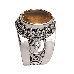 NOVICA Artisan Handmade Citrine Single Stone Ring Sterling Silver from Bali Cocktail Indonesia Gemstone Birthstone [crownbezel 0.7 in H x 0.6 in W x 0.3 in D Band Width 8 mm W] ' Glorious Vines'