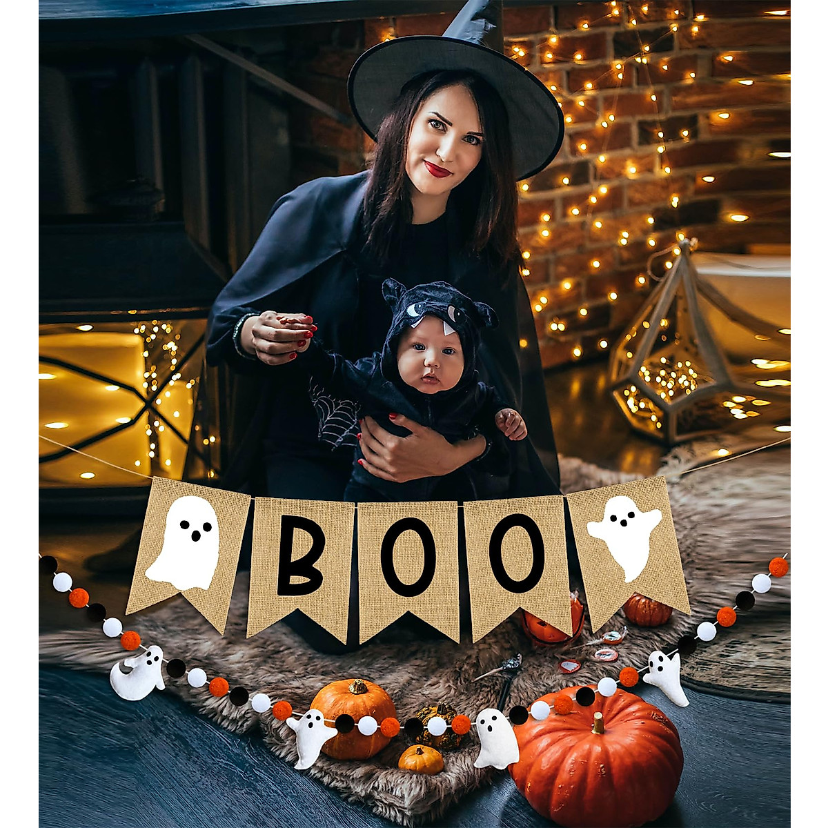 PTFNY Halloween Banner Burlap Boo Banner Ghost Felt Ball Banner Happy Halloween Banner Halloween Decor for Party Halloween Birthday Decorations
