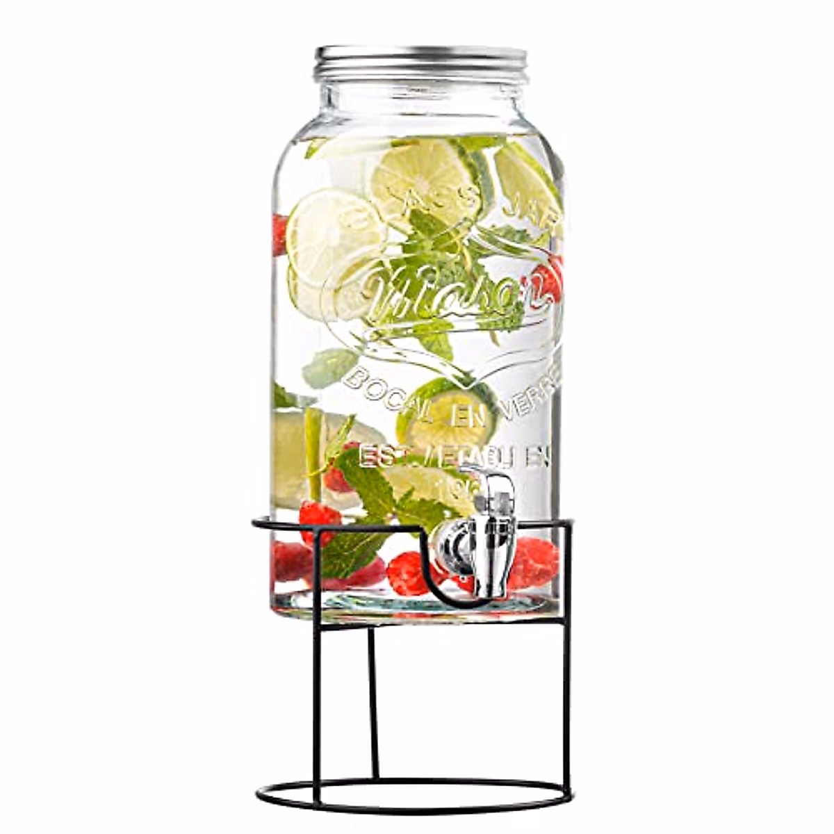Royalty Art Mason Jar Glass Drink Dispenser for Parties, Holidays, and Events with Wide-Mouth Top and Easy Pour Spigot, Serve Cold Tea, Water, and Lemonade, 1 Gallon (With Stand)