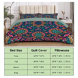 Thuswarm Abstract Boho Festive Mandala 3-Piece Bedding Set 104"x90" King Size 1 Quilt Cover + 2 Pillow Cases with Invisible Zipper Ultra Soft Microfiber Comforter Cover Sets for Home