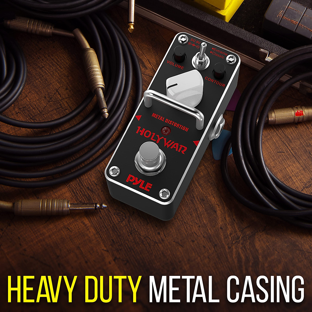 PyleUsa Metal Distortion Guitar Effect Pedal, Mini Digital Analog Effects For Electric Guitar And Bass, True Bypass, Contour, Volume And Dist Knobs, LED Indicator, Includes Adapter