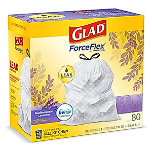 Glad ForceFlex Tall Kitchen Drawstring Trash Bags 13 Gallon White Trash Bag, Mediterranean Lavender scent with Febreze Freshness 80 Count (Package May Vary)