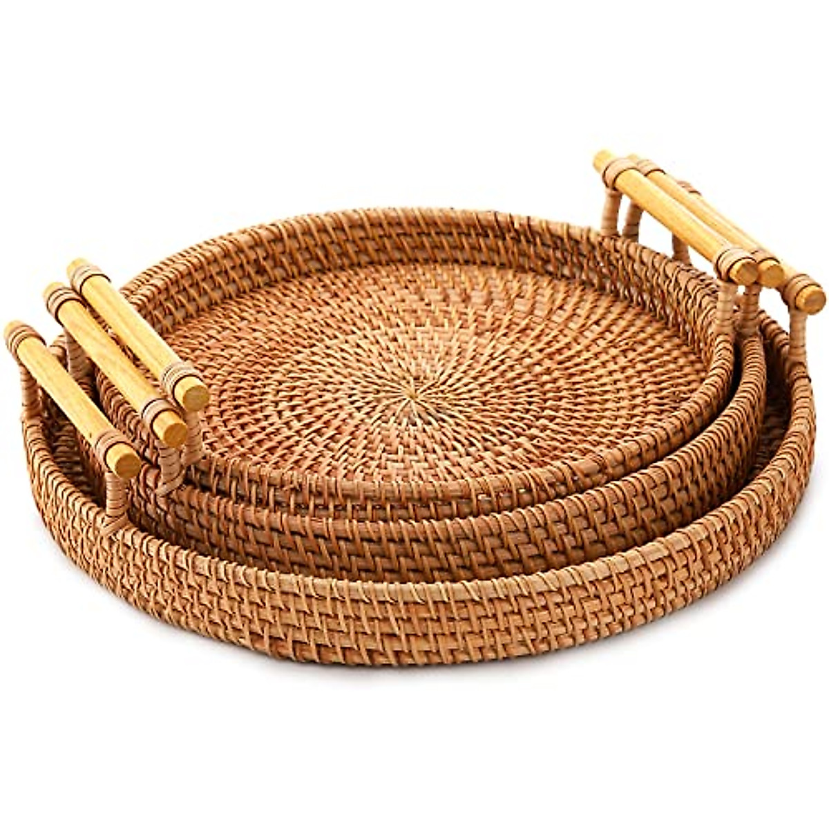 Dicunoy 3 Pack Rattan Basket Tray, Round Wicker Serving Baskets with Handles for Bread, Coffee Table, Decorative Woven Serving Tray for Vegetable, Snack (10", 9", 8")
