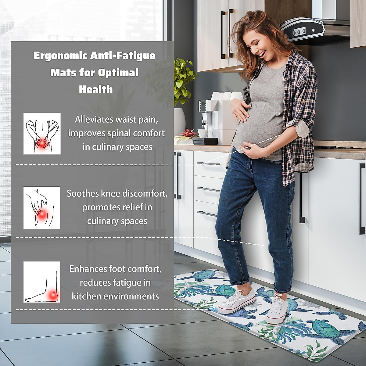 Tritard Coastal Beach Kitchen Rugs Mats Set of 2 Cushioned Anti Fatigue Kitchen Floor Mat 0.4 Inch Sea Turtles Non Slip Waterproof Kitchen Rug PVC Leather Comfort Mats for Kitchen, Blue, 17x28+17x47