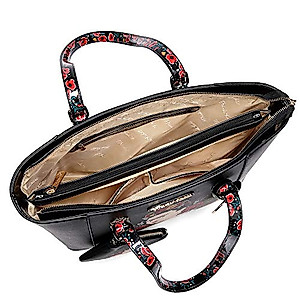 Authentic Frida Kahlo Print PU Leather 2 in 1 Large Shopper Tote Bag (Flower Series - Black)