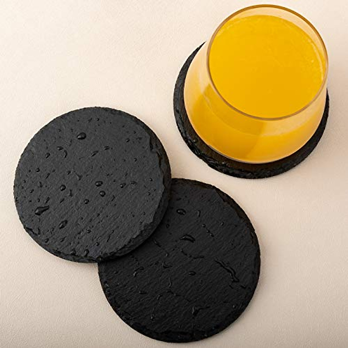 Urbanstrive Eco-Friendly Slate Drink Coasters with Holder, Set of 8, Round Slate Stone Coasters for Drinks Bar Home, 4 Inch, Black