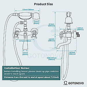 gotonovo Wall Bathtub Faucet Set with HandHeld Shower Spray Antique brass Double Cross Handle 2 Functions Wall Mount 360 Swivel Mixer Tub Filler Spout Vintage Bathroom