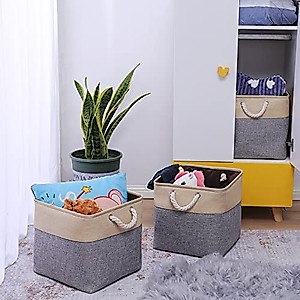 CREADARD Fabric Cube Storage Basket, 13x13x13 inch Foldable Linen Cube Storage Basket for Nursery and Home, Collapsible Canvas Shelf Basket for Wardrobe or Bedroom, Blue and Grey and Beige