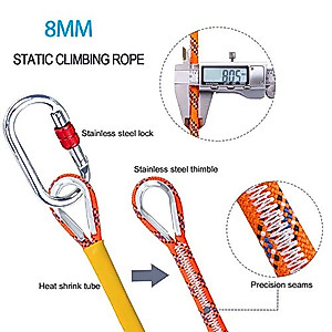 Climbing Rope, 32ft/65ft/98ft/165ft/230ft High Strength Outdoor Safety Static Rock Climbing Rope, Escape Rope, Rappelling Rope, Fire Rescue Parachute Rope (Orange 8mm, 32FT(10M))