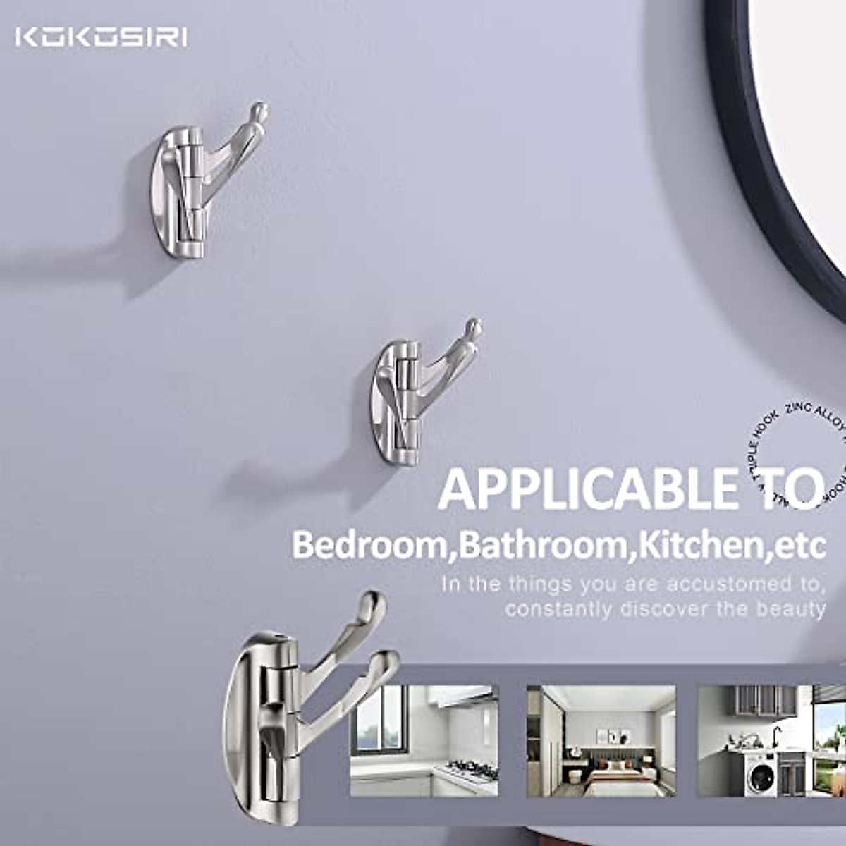 KOKOSIRI Swivel Hooks Solid Metal Foldable Towel Hooks with Multi Three Rotating Arms Swing Arm Triple Robe Hook Hanger, Wall Mounted, Brushed Nickel, B1009BR-P2