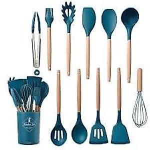 Silicone Cooking Utensils Kitchen Utensil Set, 12 PCS Wooden Handle Nontoxic BPA Free Silicone Spoon Spatula Turner Tongs Kitchen Gadgets Utensil Set for Nonstick Cookware with Holder (Blue)