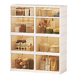 Luoxiao Plastic Storage Cabinet Collapsible Storage Bins with Doors 4 Tier 8 Grids Foldable Storage Boxes with Wheels Stackable Closet Organizer for Kitchen Bathroom Enterway White