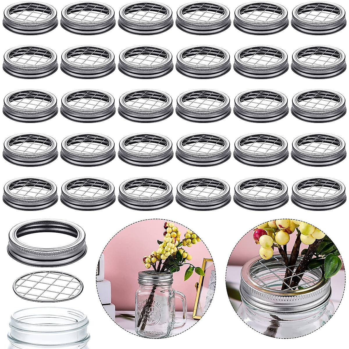 30 Pieces Mason Flower Jar Lid Mason Jar Lids with Straw Hole Stainless Steel Flower Insert Lid Insert Mason Grid Organizer Lid Decorative Flower Organizer Lid for Regular Mouth