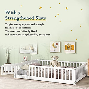 Tatub Full Size Floor Bed with Safety Guardrails, Door and Slats, Montessori Floor Bed Frame, Wood Montessori Floor Bed for Kids, Girls and Boys, Full-White