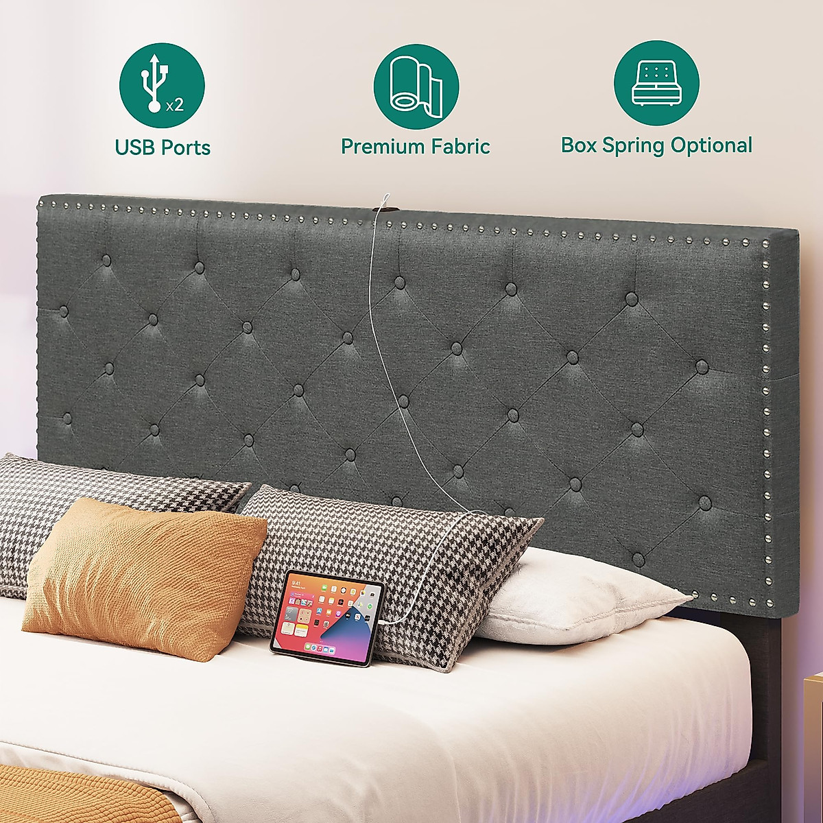 YITAHOME Queen Size Bed Frame, LED Bed Frame with Upholstered Adjustable Diamond Headboard, Platform Bed with USB Ports & Motion Sensor Light, Easy Assembly, No Box Spring Needed, Gray