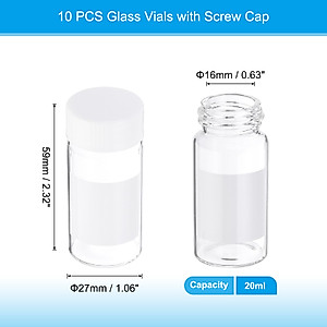 PATIKIL 10pcs 20ml Small Clear Glass Vials with White Screw Cap, Borosilicate Glass Sample Bottles with Writing Label for Solid Liquid Powder Storage