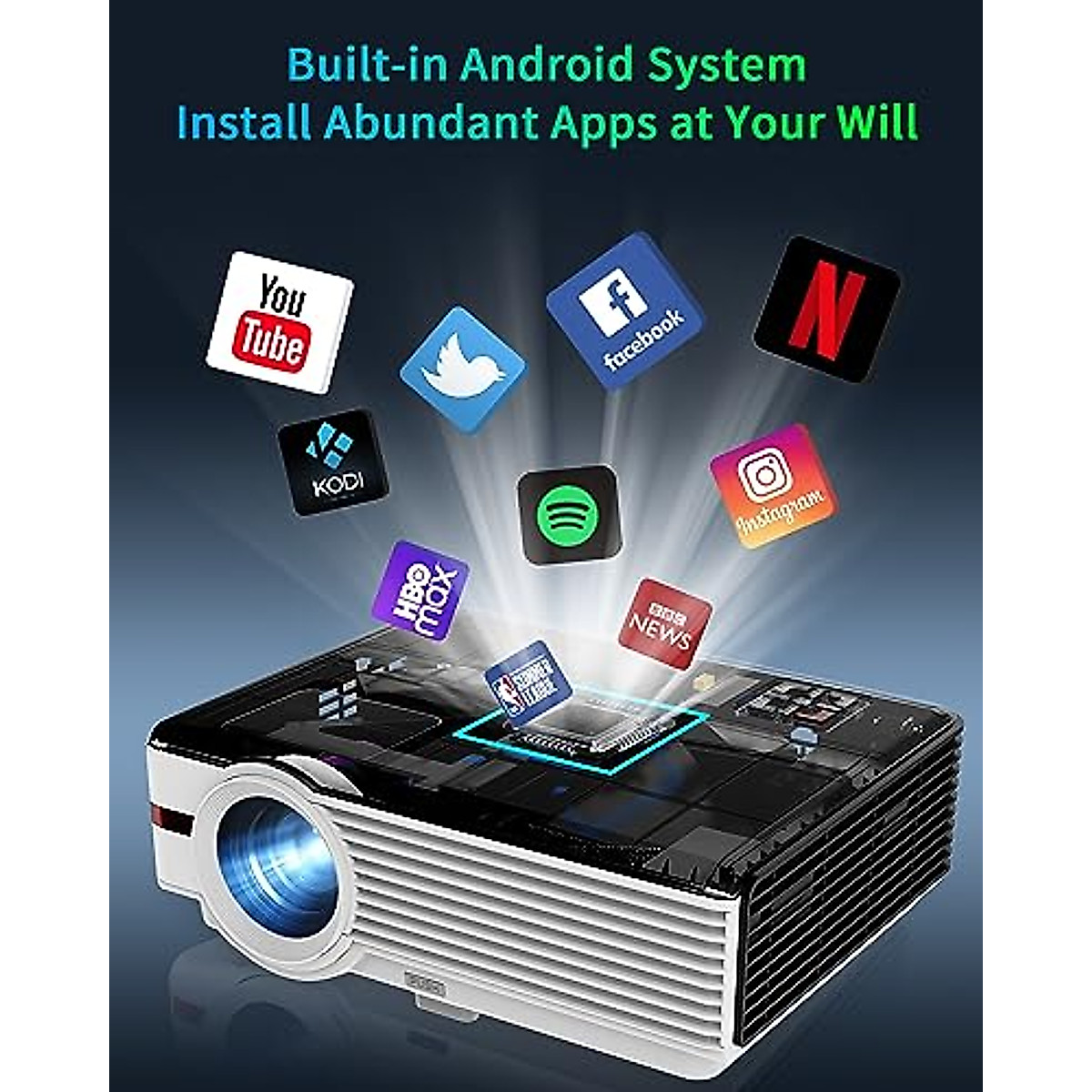 Native 1080P Full HD Video Projector for Outdoor Moives 200'' Display 9000 Lumens Wireless Bluetooth WiFi Projector Smart Home Theater Projector Gaming,Zoomable,10W Speakers,iOS,Android,TV Stick