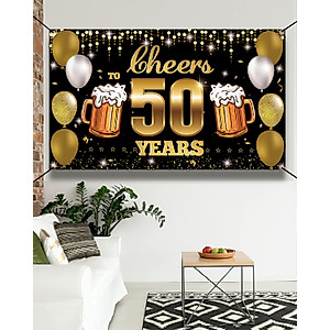 HTDZZI Cheers to 50 Years Backdrop Banner Black Gold, Happy 50th Birthday Decorations for Men Women, Fabric 50 Year Old Birthday Party Yard Sign, 50th Wedding Anniversary
