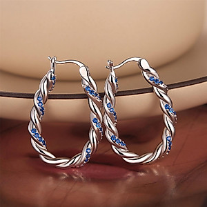 White Gold Plated Oval Hoop Earrings for Women 925 Sterling Silver Post Twist Hoop Earrings with Blue Cubic Zirconia Hypoallergenic Lightweight Earrings Jewelry Gifts