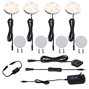 AIBOO Under Cabinet LED Puck Lights Kit with Touch Dimming Switch for Ambiance Atmosphere Night Lighting (4 Lights,Warm White)