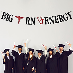Big RN Energy Banner, Congrats Nurse Bunting Sign, Class of 2024 Nursing School Survivor Graduation Party Decoration Supplies, Black and Red Glitter