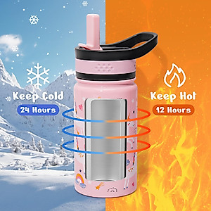 BUZIO Insulated Water Bottle for Kids, Modern Vacuum Insulated Hydro Bottle with 2 Straw Lids, 14oz Double Walled Wide Mouth Sports Drink Flask with Pink Unicorn Patterns, Simple Thermo Canteen Mug