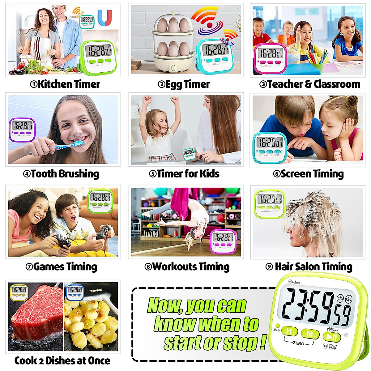 Antonki 2 Pack Timer, Classroom Timer for Kids, Timer for Teacher, Kitchen Timers, Digital Timer for Cooking, Egg Timer, Magnetic Countdown Timer for Exercise, Study, Oven - Battery Included