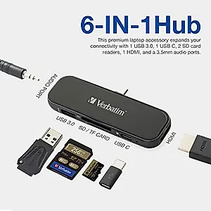 Verbatim 6-in-1 USB C Hub Adapter - 100W Power Delivery, USB 3.0 Ports, SD Card Readers, 3.5mm Audio Port for USB C Laptops + 6FT Monster 4K Ultra HDMI Cable