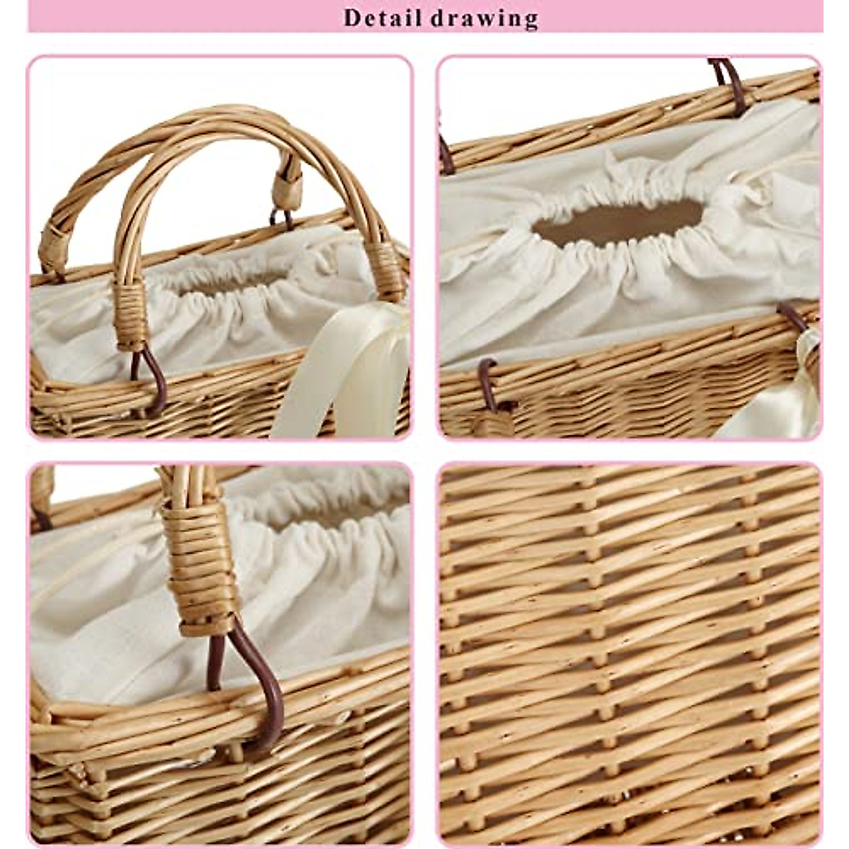 TaiGuri Women's Handmade Rattan Straw Ribbon Bow Woven Purse Handbag Tote Shoulder Bag Beige