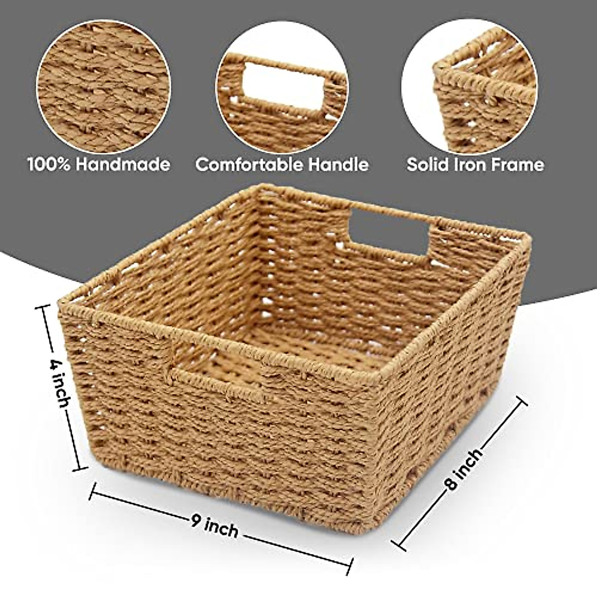 KOVOT Storage Woven Baskets Wicker Storage Wicker Storage Baskets with Built-in Carry Handles | Laundry Storage Pantry Bin - 9"L x 8"W x 4"H (2-Pack)