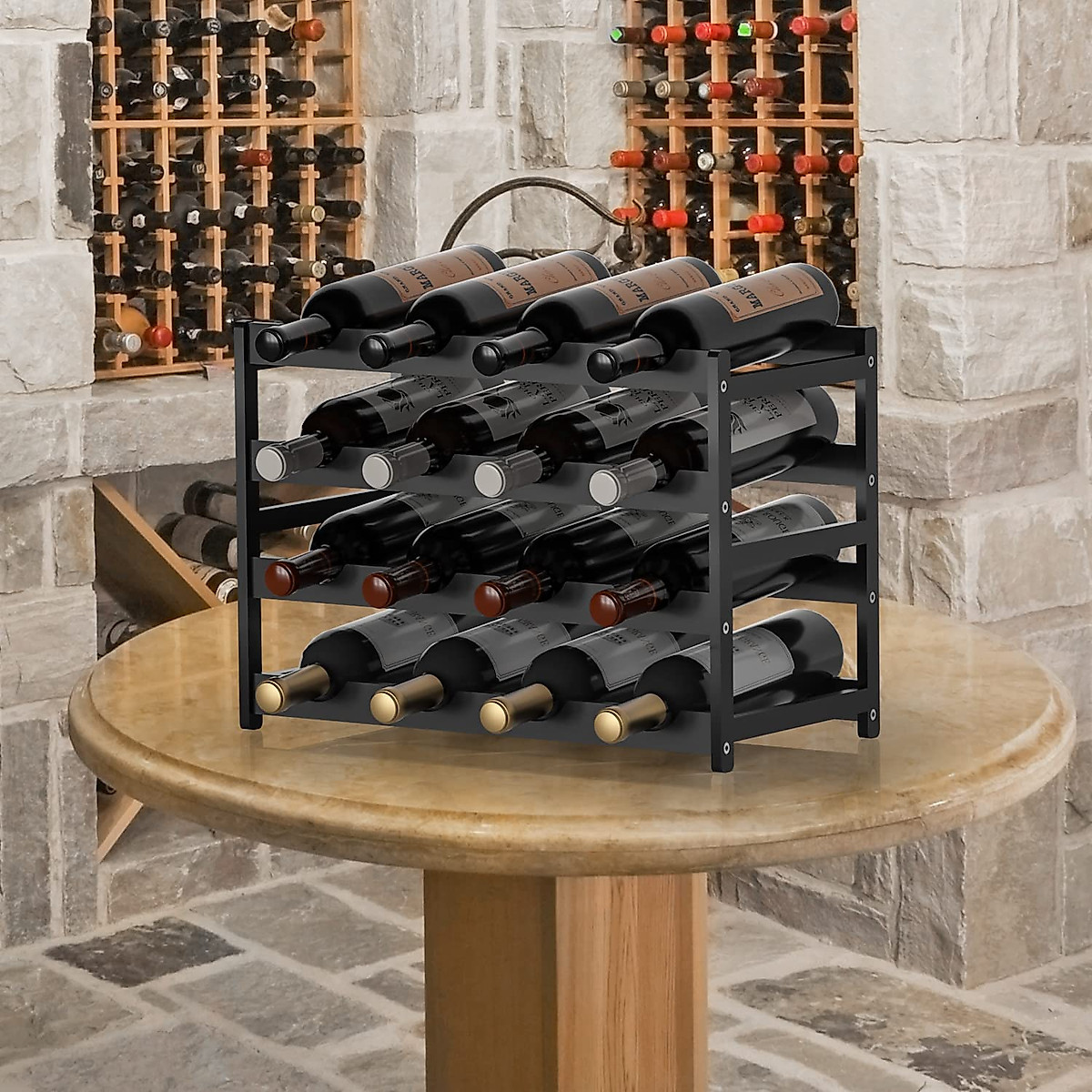 Ruichang Wine Rack Sturdy Wine Countertop，Bamboo Wine Bottle Holder Wine Storage Racks Counter Wine Stand Inserts for Cabinet Free Standing Floor Table Wine Organizer (4-Tier, 16 Bottle Capacity)
