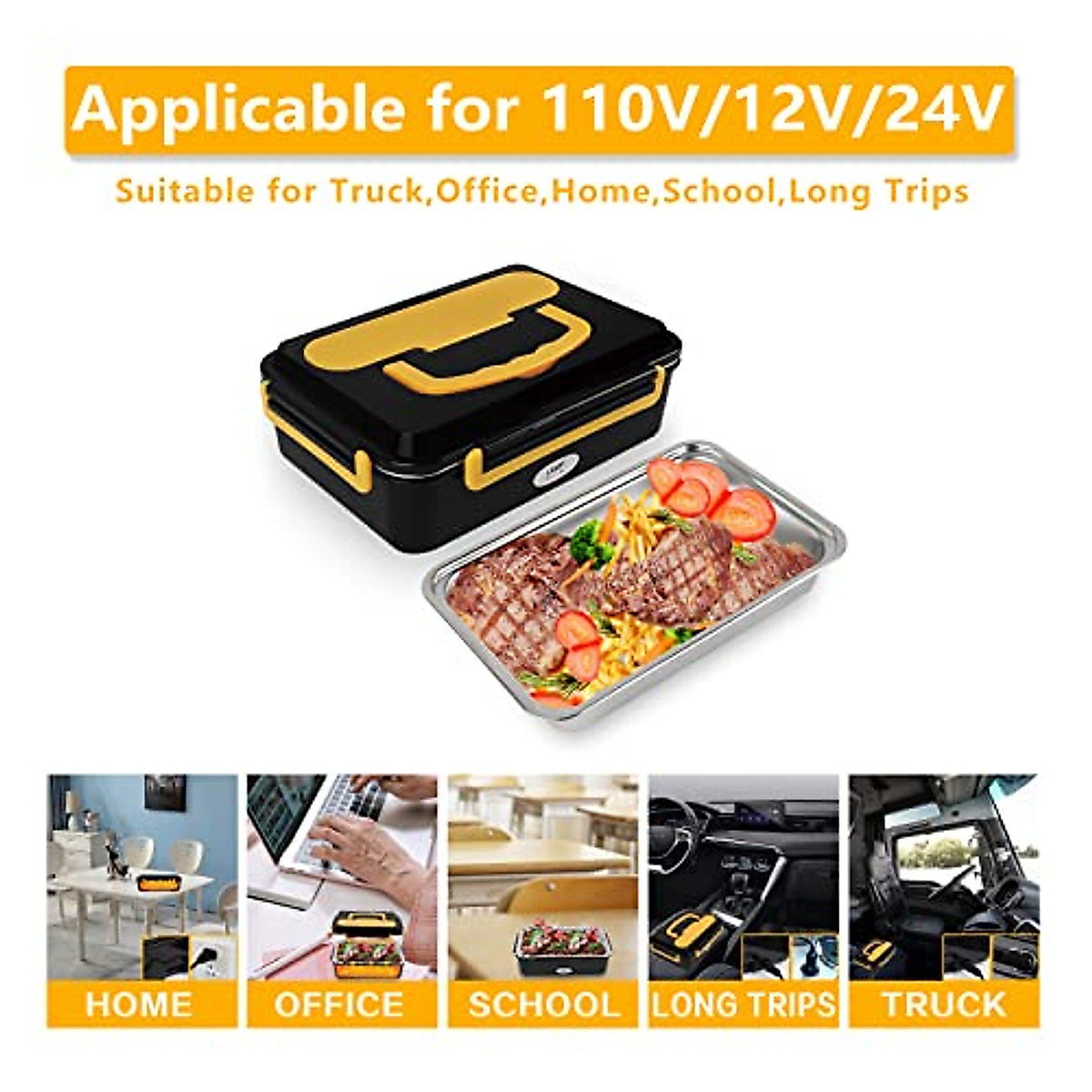 Electric lunch box food heater, 2in1 Heated Lunch Boxes for Adults with Dual Power Supply 12V 24V 110V Food Warmer, Luncheaze Food Warmer for Car and Truck Driver (Black 2in1)