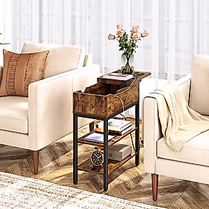 ALLOSWELL Side Table with Charging Station, Narrow Flip Top End Table with USB Ports and Outlets, Nightstand with Storage, Sofa Table for Living Room, Bedroom, Easy Assembly, Rustic Brown ETHR5601