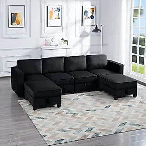 FIQHOME 116'' Modular Sectional Storage Seat, Oversized U Shaped Couch with Reversible Chaise Set with Square Arm, Soft Sofa for Living Room, Office, Spacious Space, Black