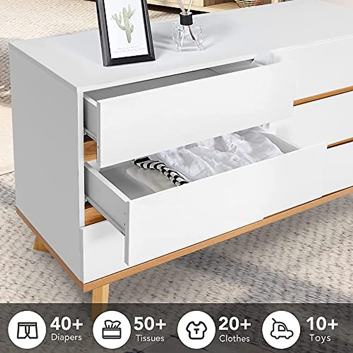 DHMAKER White Dresser, 6 Drawer Modern Double Dresser, Wide Chest of Drawers, Wooden Storage Cabinet for Bedroom, Entryway, Living Room, Hallway