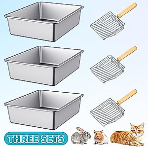 Zhehao 3 Pcs Stainless Steel Cat Litter Box with 3 Pcs Wood Handle Cat Litter Scoop, 15.8 x 11.8 x 3.9 Inch Metal Litter Box Rustproof Non Stick Cat Pan with Deep Cat Scooper for Bunny Kitten Kitty