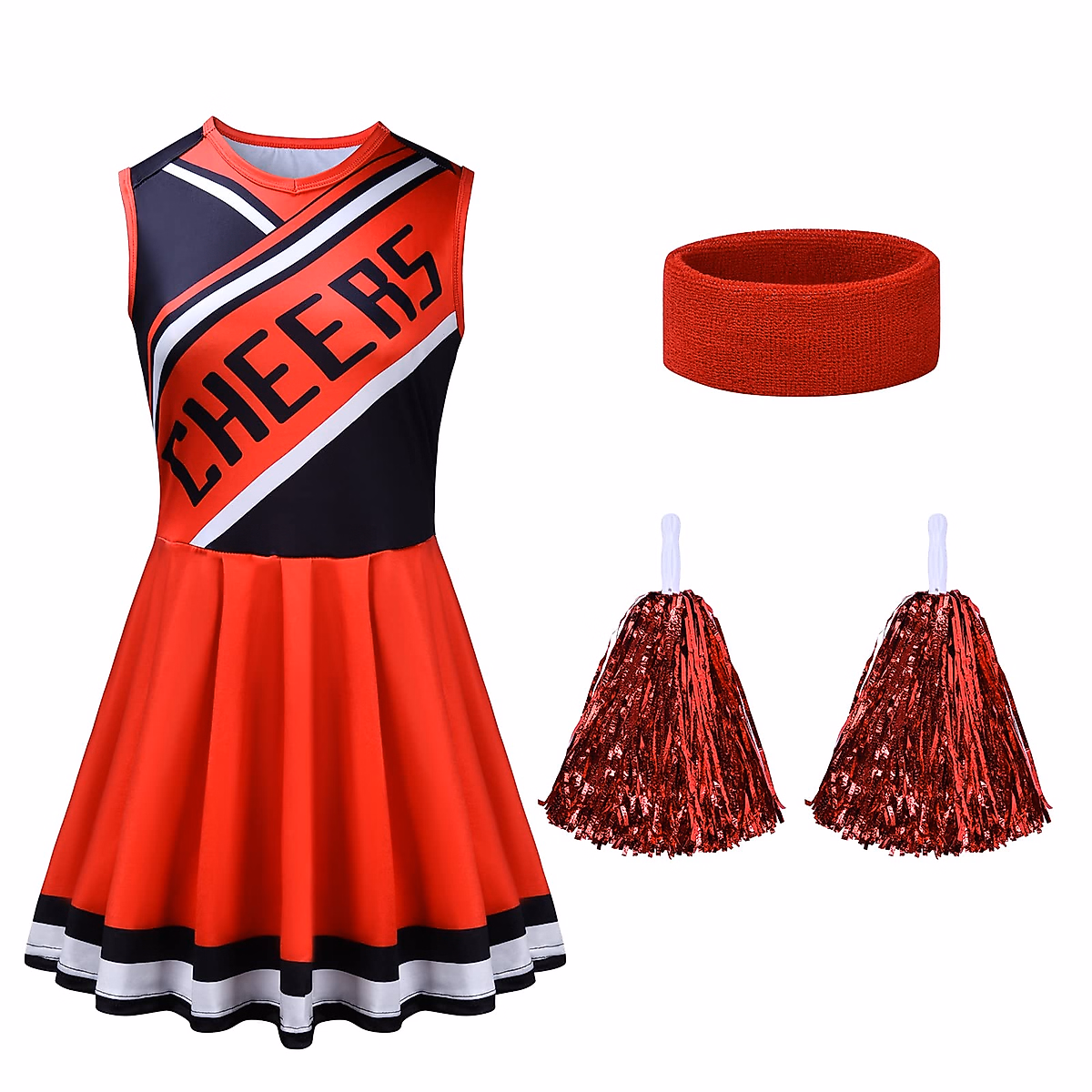 AOMIG Girl's Cheerleader Costumes - Cheerleader Uniform Dress without Sleeve with Pom Poms and Headband, Girl's School Musical Birthday Party Costumes Cheerleader Suit(S,Red)