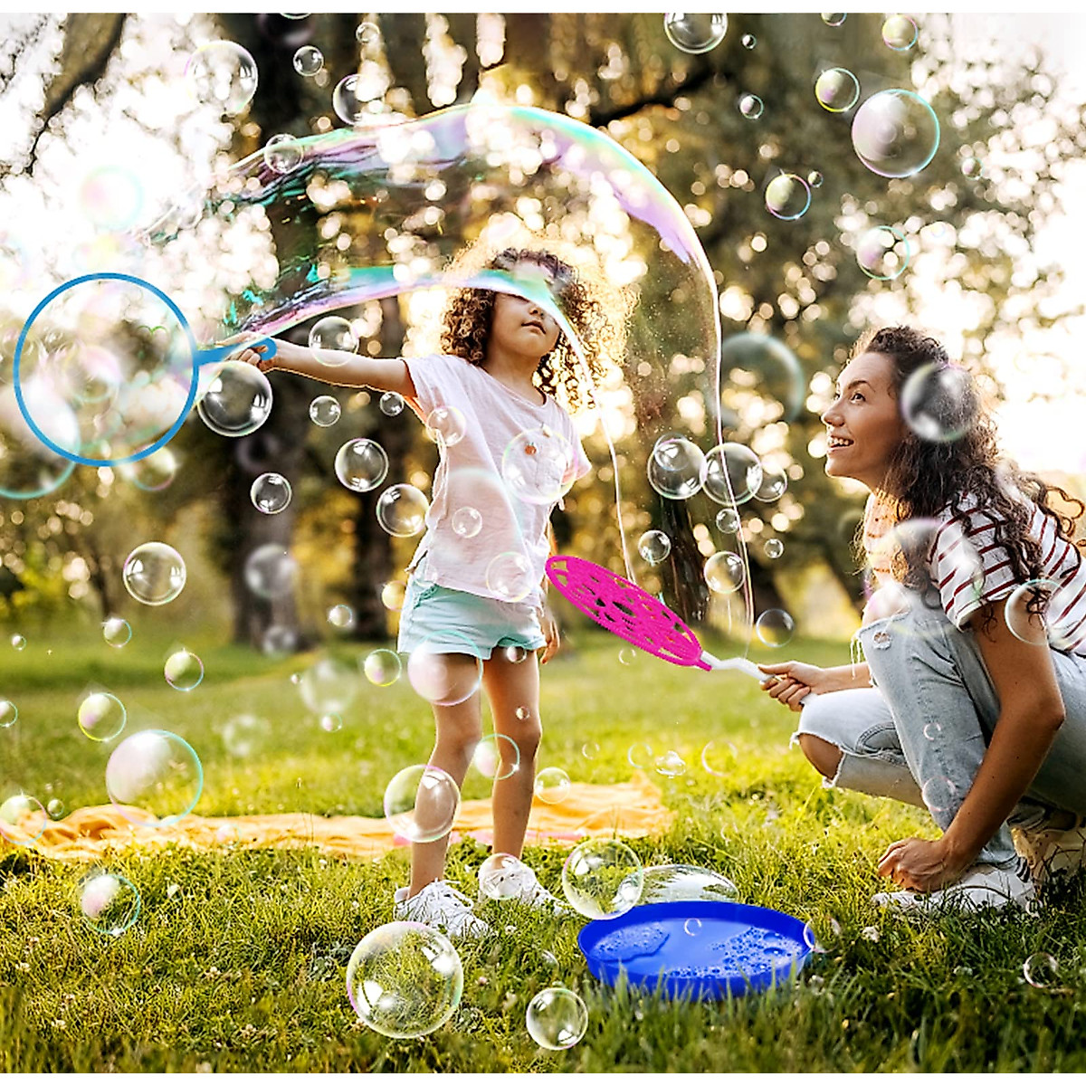 Roberly Bubble Wands Set Toys Big Giant Large Bubbles Wand Toy Sets with Tray Bulk Funny Bubble Making Maker for Kids Adult Summer Outdoor Playtime Activity Party Favors Gifts Birthday Games