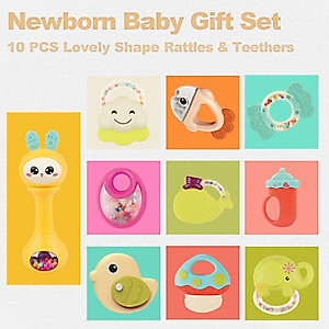 Baby Rattle Teething Toys for Babies 0-6-12 Months 10Pcs, Early Educational Infant Toys Gift Set for Boy Girl 3-6 Months, Newborn Sensory Toys Teether, Grab Shaker, Tummy Time Rattle with Storage Box