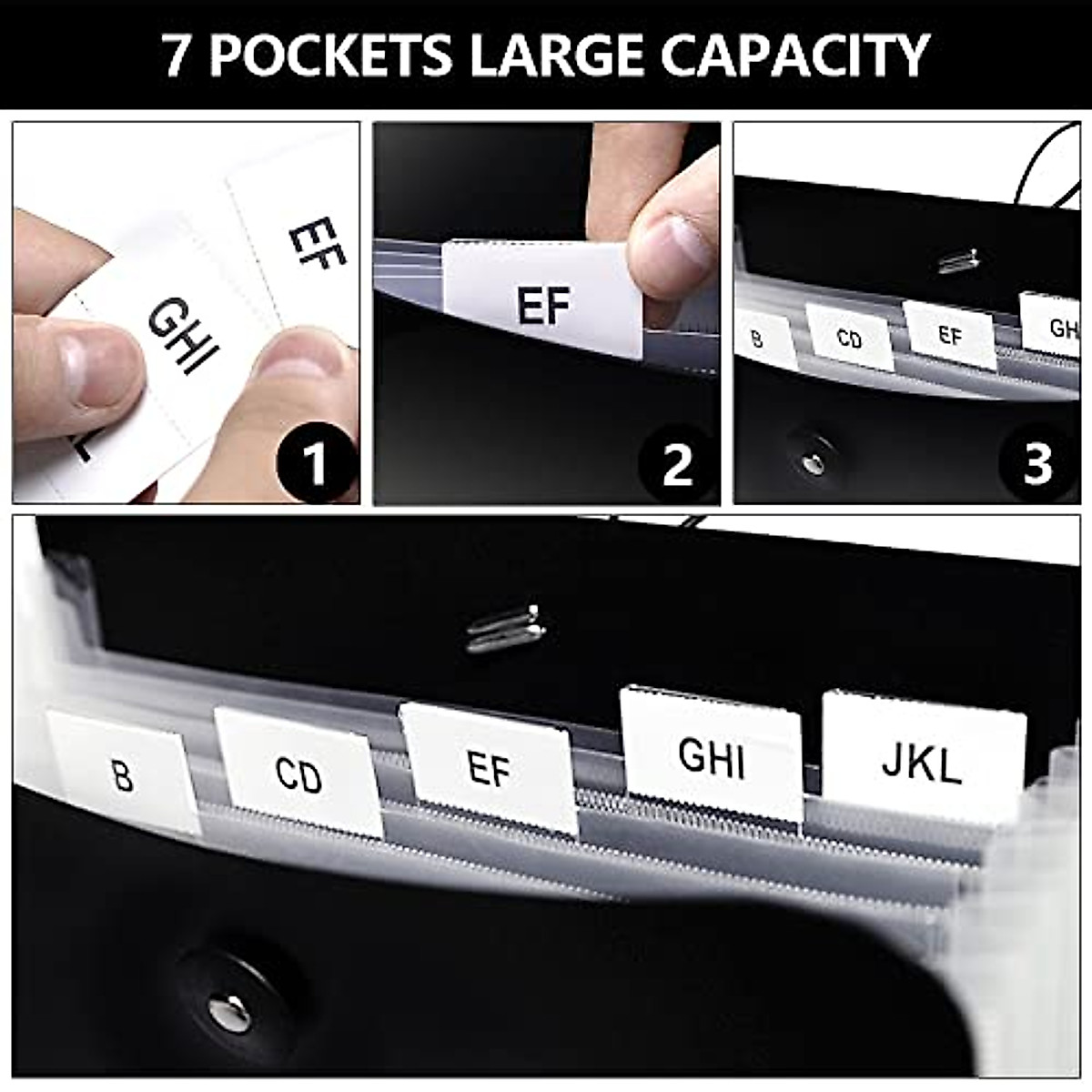 Vertical File Folder Expanding Accordion Folder with 7 Pockets Multi Pocket File Organizer A4 Letter Size for Easy Backpack Access(2 Pack Black)