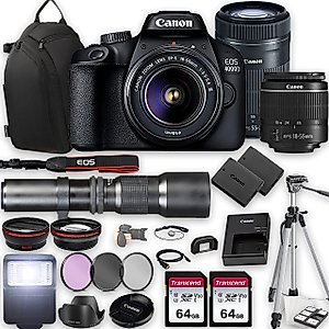 Canon EOS 4000D (Rebel T100) DSLR Camera w EF-S 18-55mm f/3.5-5.6 III + EF-S 55-250mm f/4-5.6 is STM + 500mm f/8 Focus Lenses + 2X 64GB Memory + Case + Filters + Tripod + More (35pc Bundle) (Renewed)