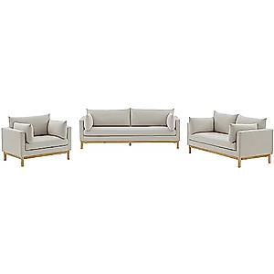 Meridian Furniture 157Beige-S Langham Collection Mid-Century Modern Linen Textured Fabric Upholstered Sofa, Beige Linen Textured Fabric, Natural Finish Wood Base, 89.5" W x 33.5" D x 33" H, Beige