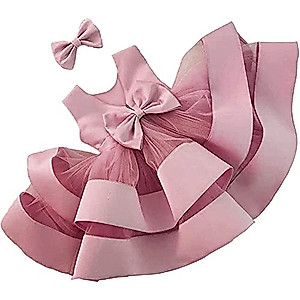 3M-6T Toddler Girl Bowknot Backless Tutu Gown Ruffle Lace Tulle Pageant Dress Baby Party Dresses with Headwear Dark Pink 80