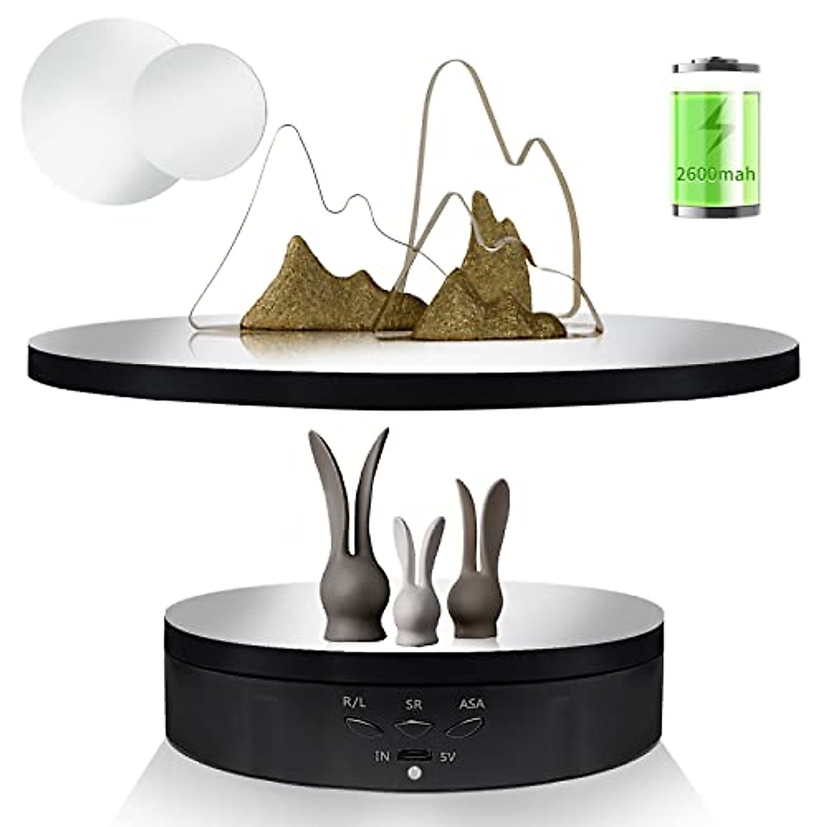 2 in 1 Motorized Rotating Display Stand with Mirror Sticker,Motorized Lazy Susan Turntable Spinning Display 5.74" with 8.7 Inch Replacement Cover for Photography Show Platform (Black,Without Remote)