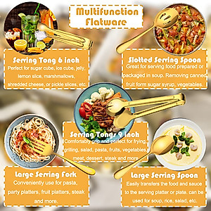 IAXSEE 10 PCS Stainless Steel Serving Utensils, Large Serving Spoons Slotted Spoons, Serving Forks, Serving Tongs, Ice Suger Tongs, Metal Utensils Set Great for Buffet Catering Banquet Party (Gold)
