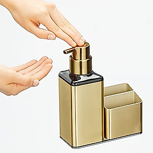 mDesign Modern Aluminum Kitchen Sink Countertop Liquid Hand Soap Dispenser Pump Bottle Caddy with Storage Compartments - Holds and Stores Sponges, Scrubbers and Brushes - Soft Brass Finish