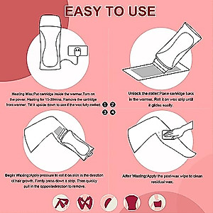 Waxing Kit, Roll on Wax Warmer Kit for Women & Men Sensitive Skin, Include 2 Rose Wax Cartridge, 100 Wax Strips, 10 Wipes