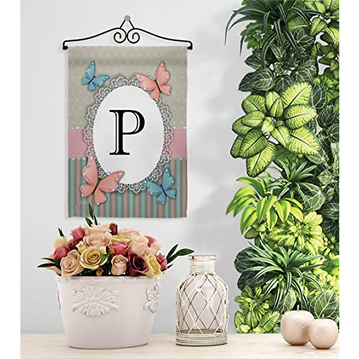 Breeze Decor P Initial Garden Flag Set Wall Hanger Monogram Friends Bugs & Frogs Butterfly Ladybugs Dragonfly Bee Springtime Insect Natural Wildlife House Yard Gift Double-Sided, Made in USA